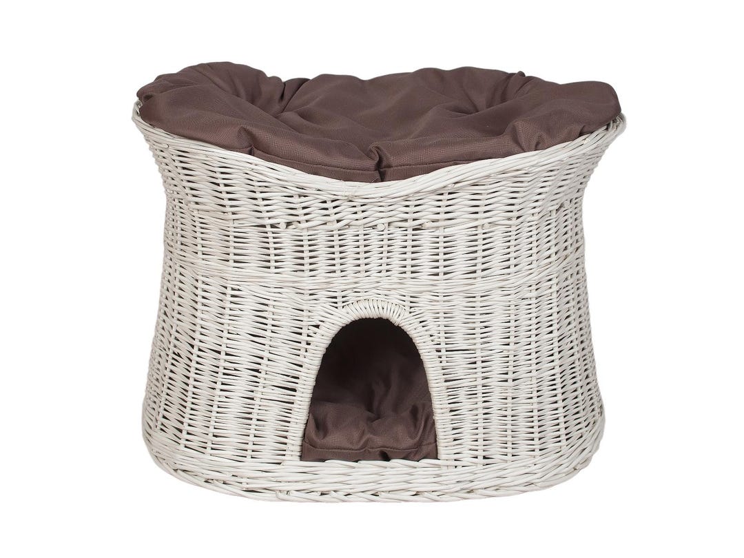 Wicker Cat Bed: Two-tier Bleached Pet Cave With Brown Cushions - Etsy