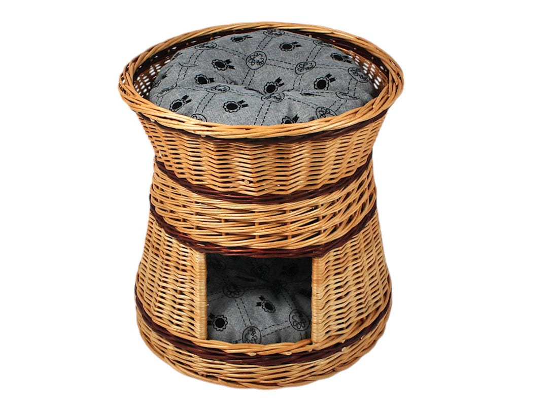 Handmade Wicker Cat Cave: Two-story Round Pet Bed With Light-gray ...