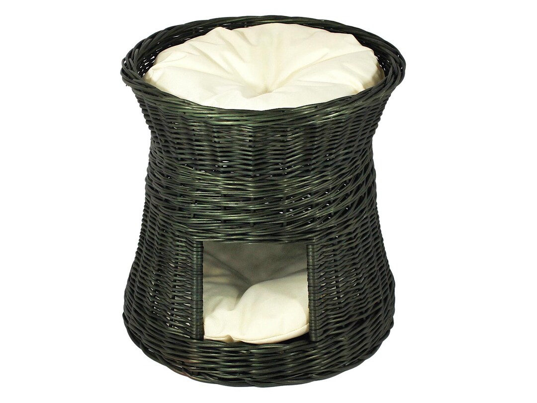 Handmade Wicker Cat Bed: Two-tier Pet Cave With Ecru Cushions - Etsy