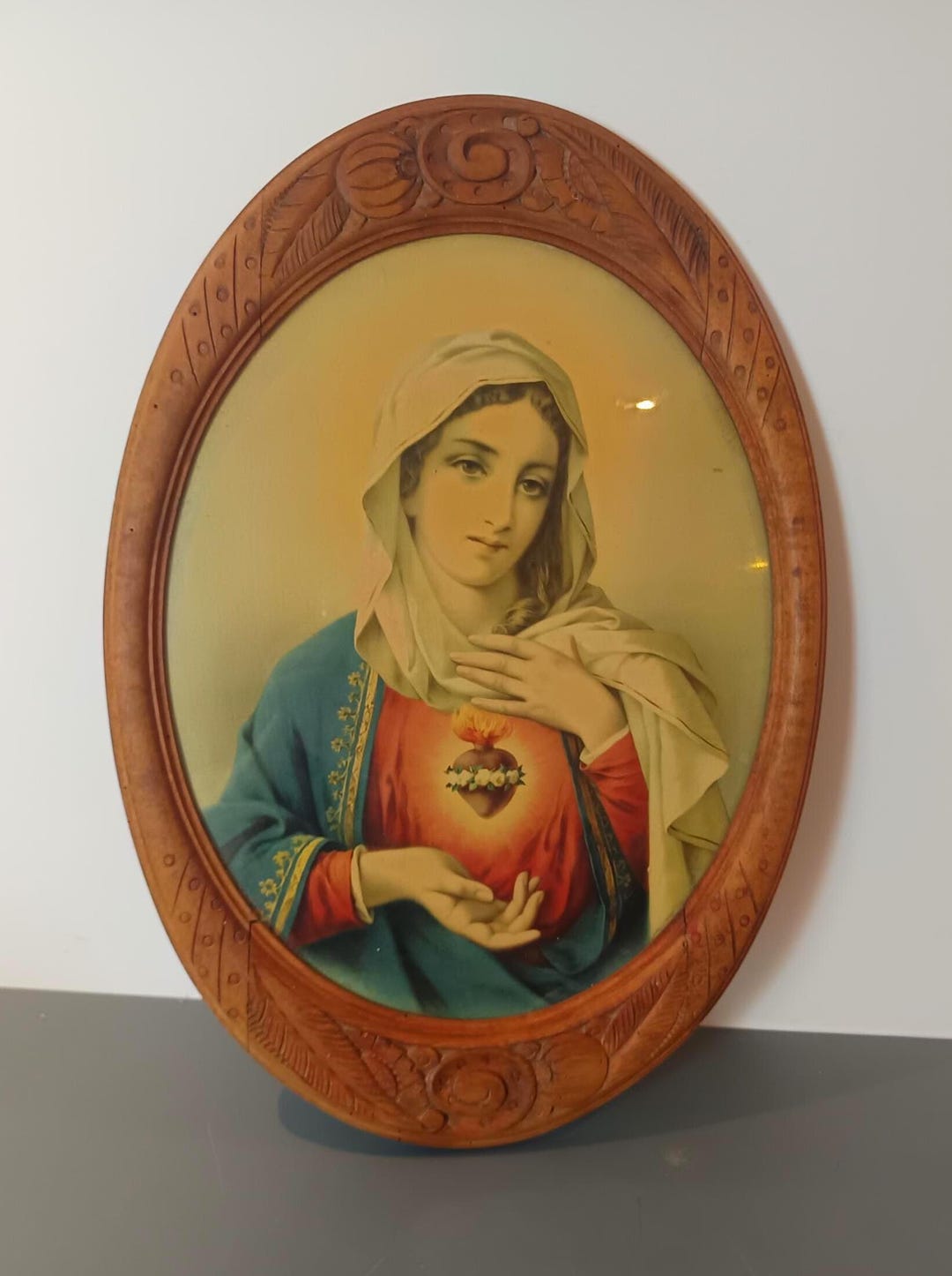 Wall Frame, Virgin Mary Sacred Heart, Pious Picture, Oval Frame Under ...