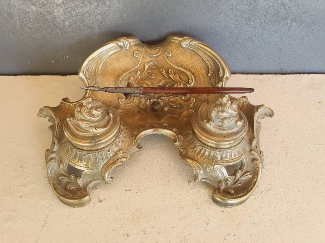 Encriers en bronze/laiton et Sa plume, art décoration, Bureau ...