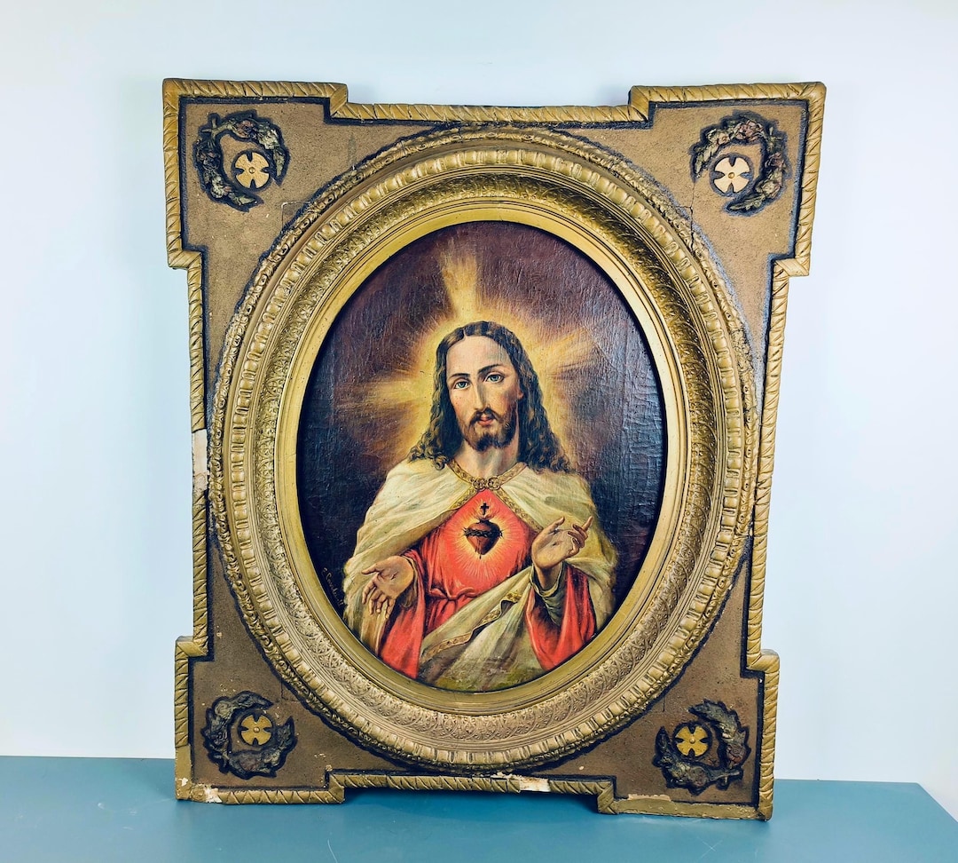 Antique Painted Canvas Sacred Heart of Jesus, Wall Frame 1920, Vintage ...