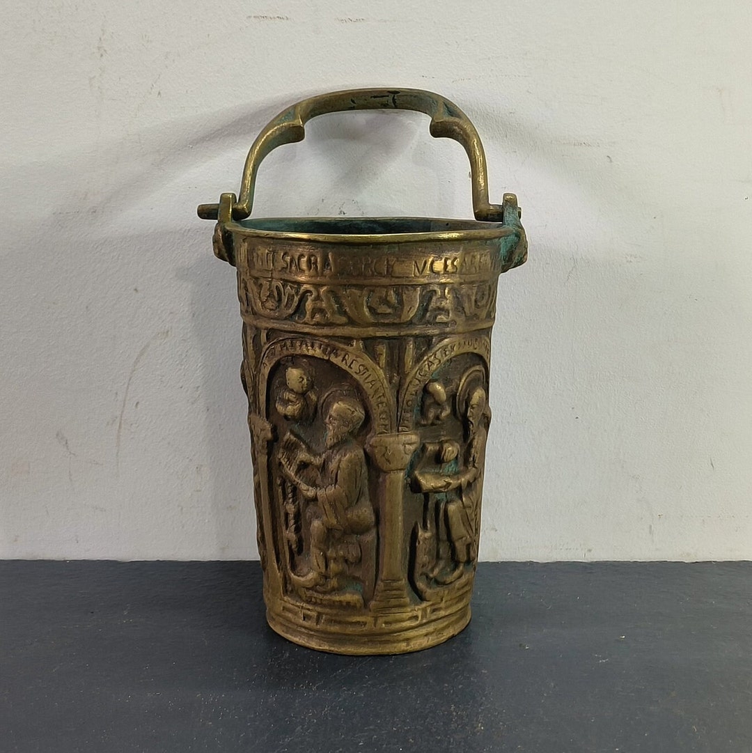 Old Bronze Holy Water Bucket, Religious Bucket, Religious Icon, Bronze ...