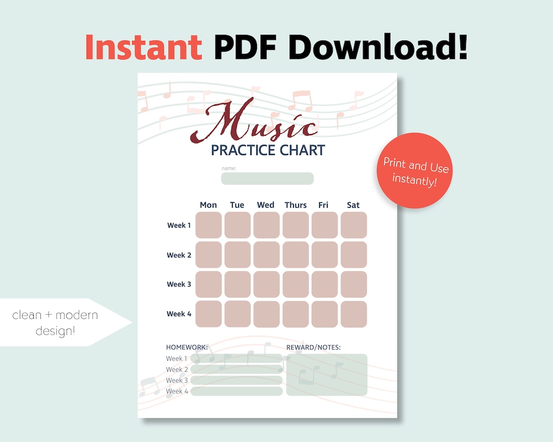 Practice Chart, Music Student Lessons, Digital Printable, Monthly ...