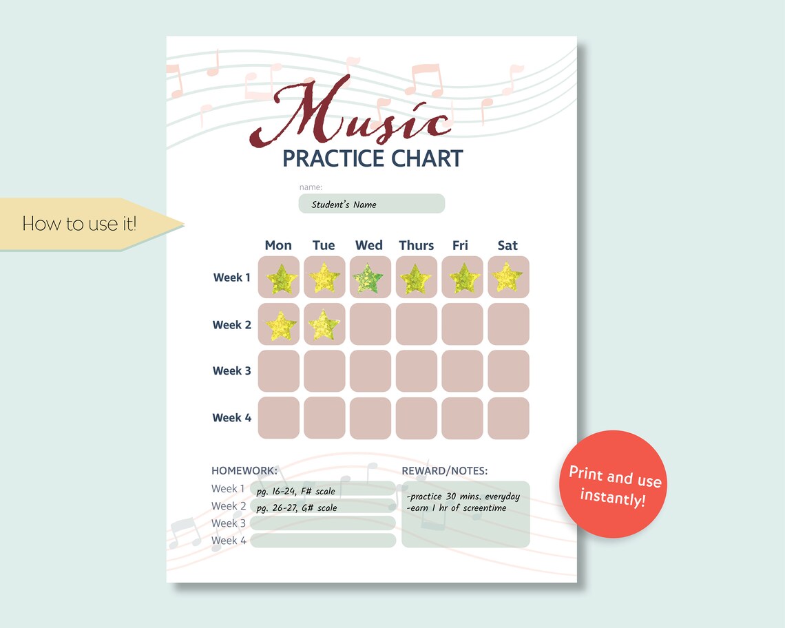 Practice Chart Music Student Lessons Digital Printable - Etsy