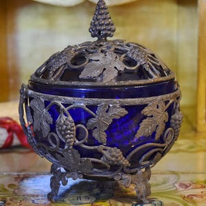 Stunning Antique French Blue Glass Bon Bon Dish, Lid and Handle, Grapes ...