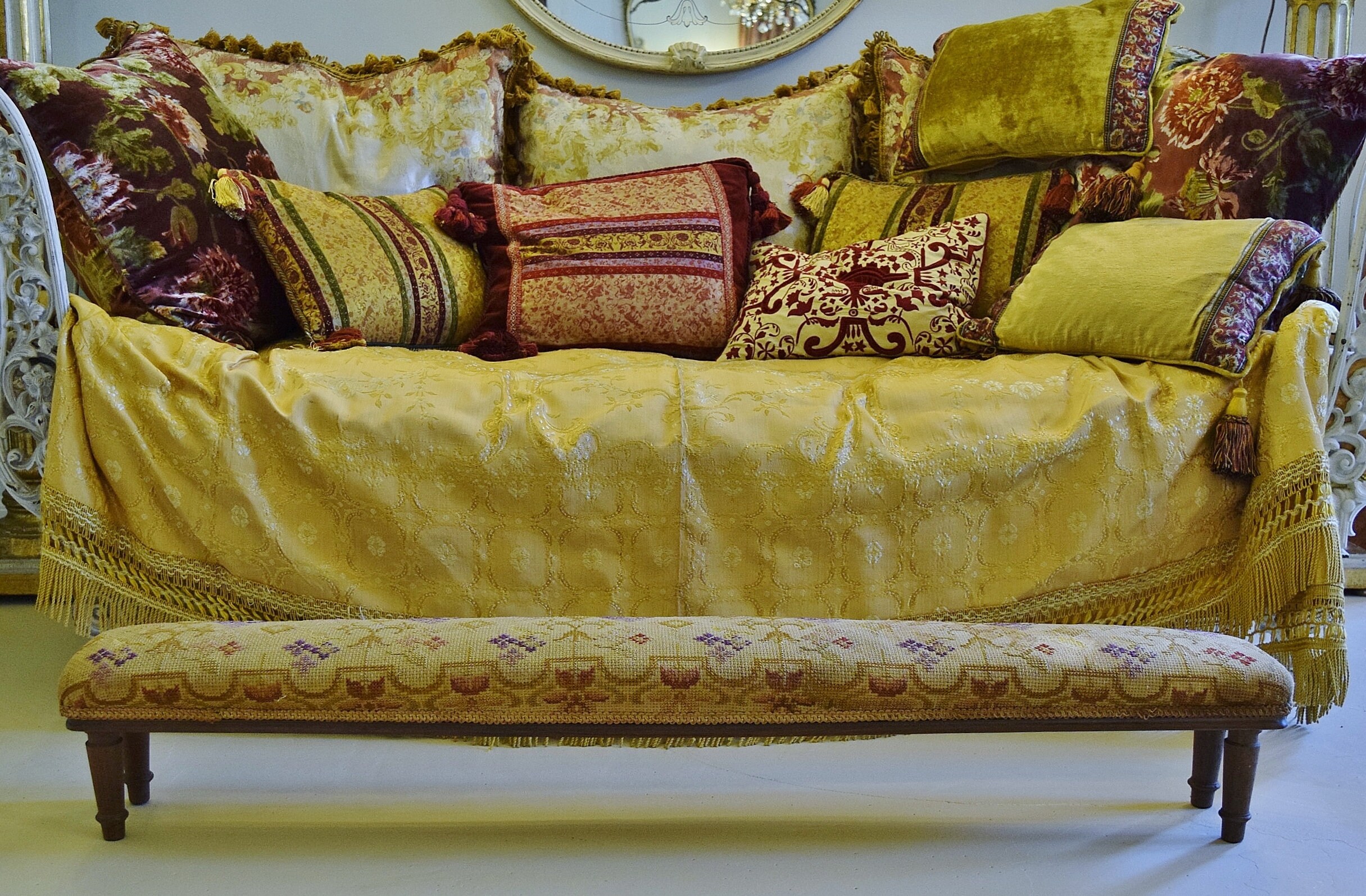 Amazing Long Antique French Wooden Foot Stool, Hand Worked Cross Stitch ...