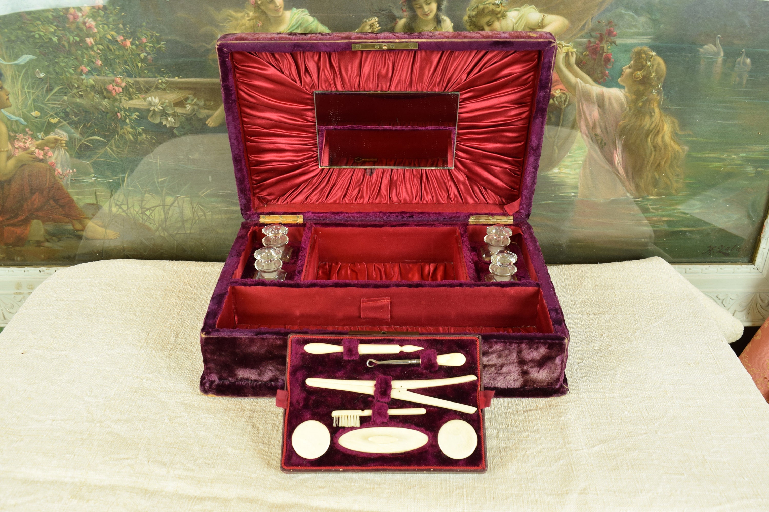 Fantastic Antique French Purple Velvet Jewel / Vanity Case,with ...