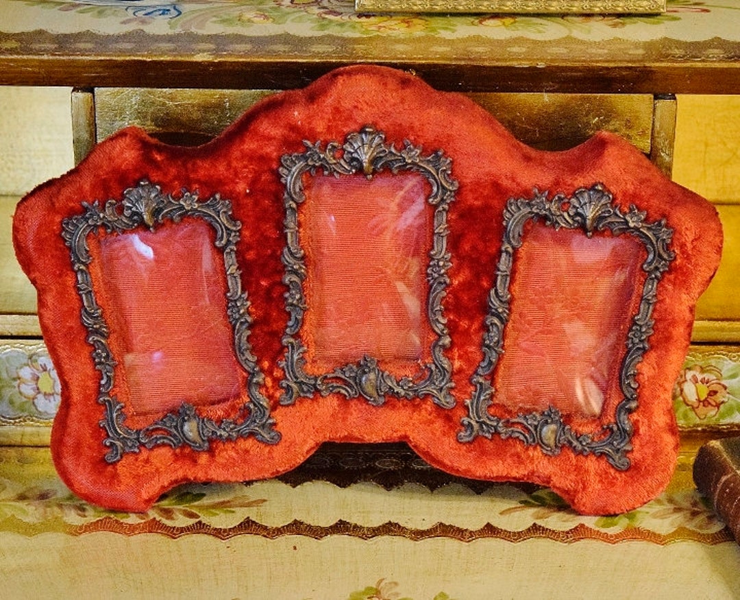 Gorgeous Antique French Red Velvet Triple Picture / Photo Frame ...
