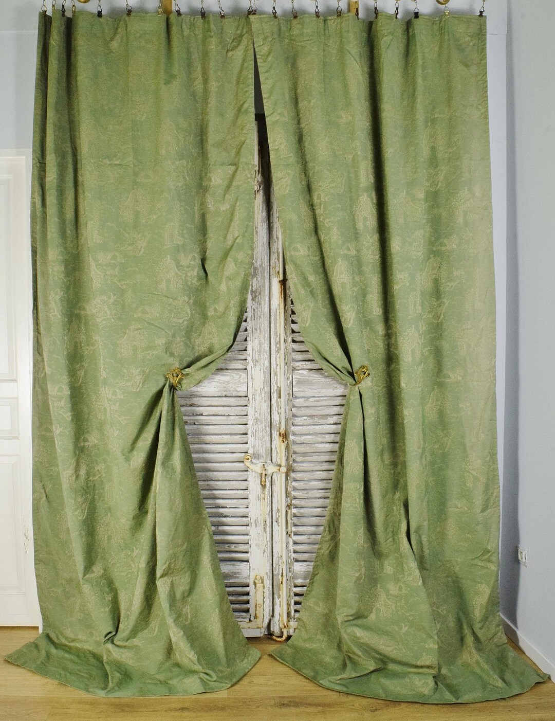 Stunning Pair Long Vintage French Green Damask Chateau Curtains ...