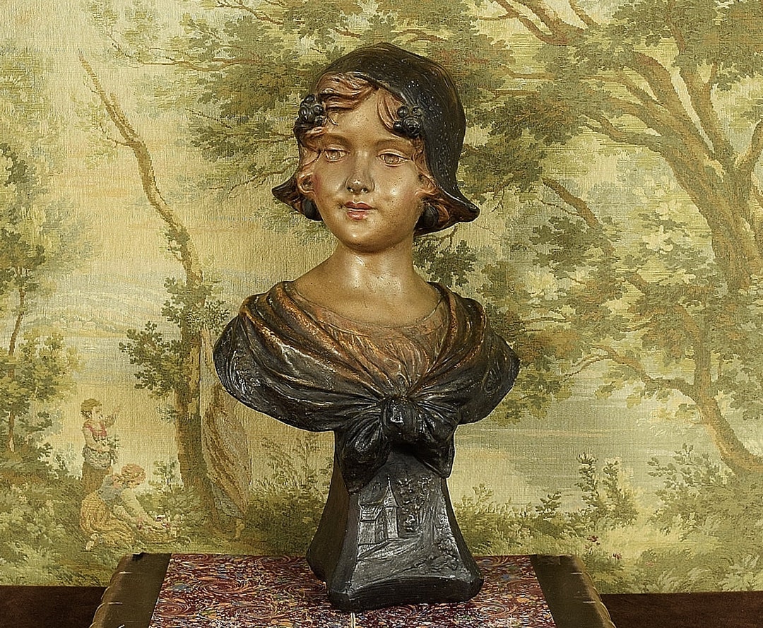 Fabulous Large Antique French Plaster Bust, Country Maiden in Bonnet ...