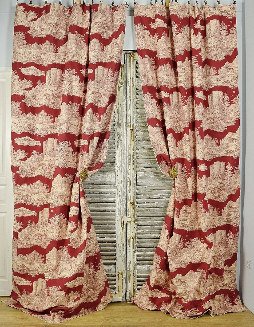 Fabulous Pair Long Vintage French Heavy Cotton Toile Chateau Curtains ...