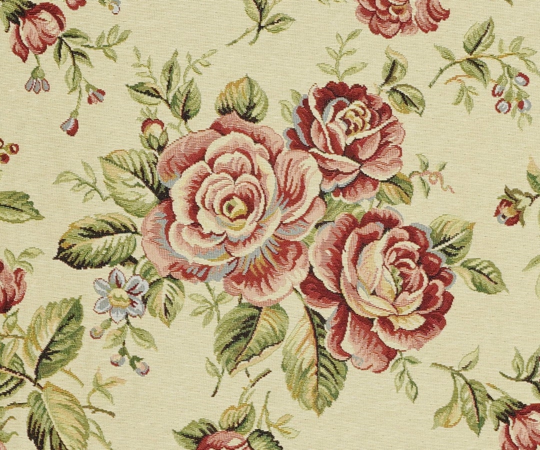 Gorgeous Long Vintage French Red Roses & Leaves Woven 'tapestry' Fabric ...