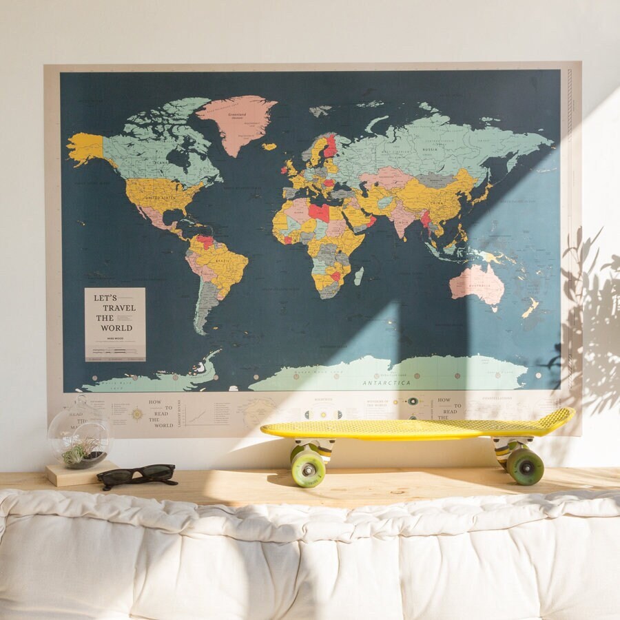 Downloadable Digital World Map to Print Poster Format 100 X 70 Cm Navy ...