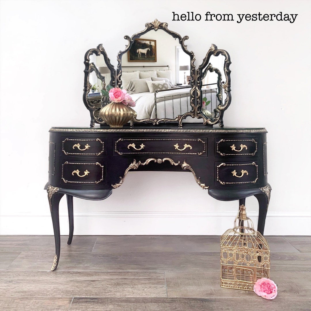 SOLD Black & Gold Dressing Table. French Louis Ornate Dressing Table ...