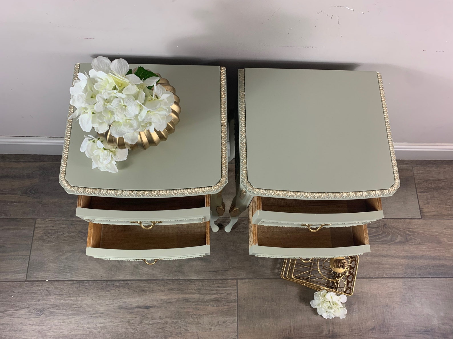 Antique Bedside Tables. Light Green French Bedside Tables. Romantic ...