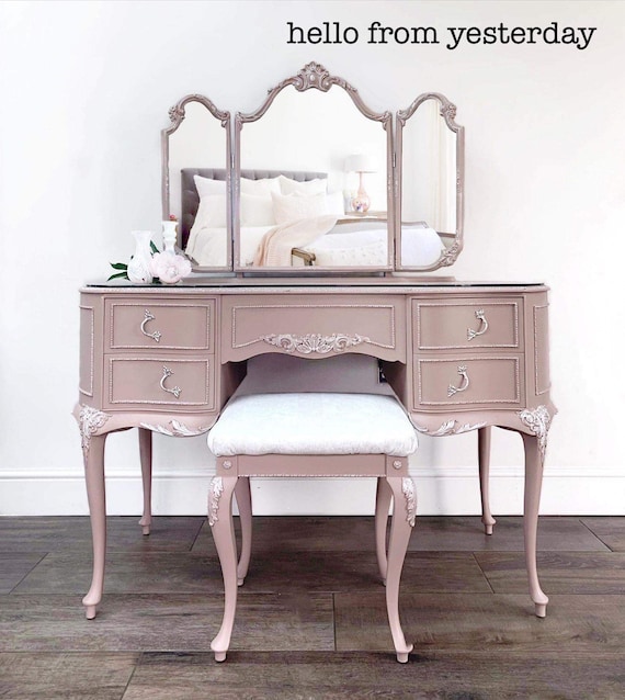 French Dressing Table Stool. Louis Olympus Pink Dressing Table Vintage Hand Painted French Style Romantic Dressing Table Champagne Trim Etsy