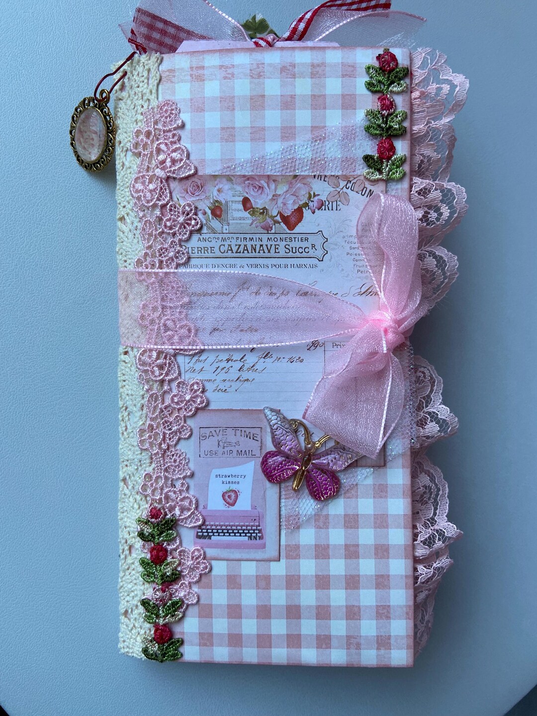 Handmade Pink Strawberries Themed Junk Journal, Pink Lace, Pockets ...