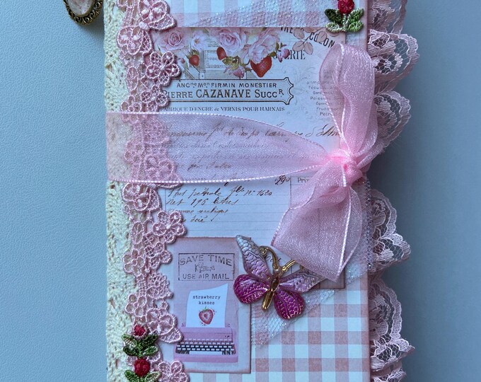 Handmade Pink Strawberries Themed Junk Journal, Pink Lace, Pockets ...