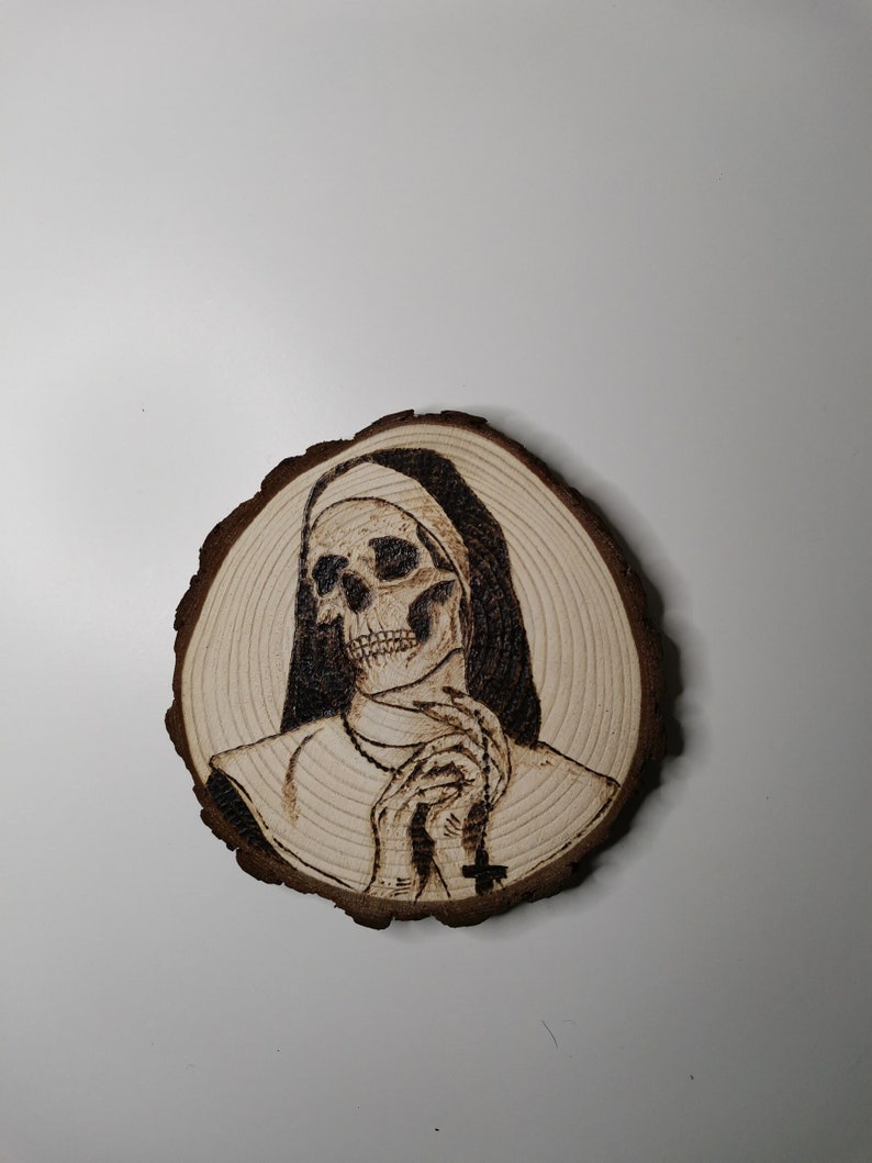 Skeleton Nun Skull Pyrography Coaster Plaque Art Gift Wood Burning ...
