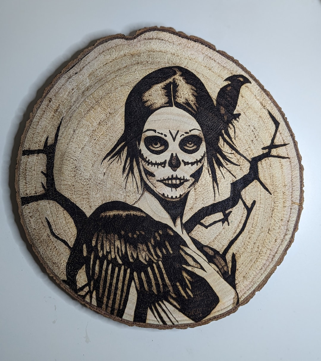 Dark Gothic Day of the Dead Raven Original Pyrography Hand Burnt Plaque ...