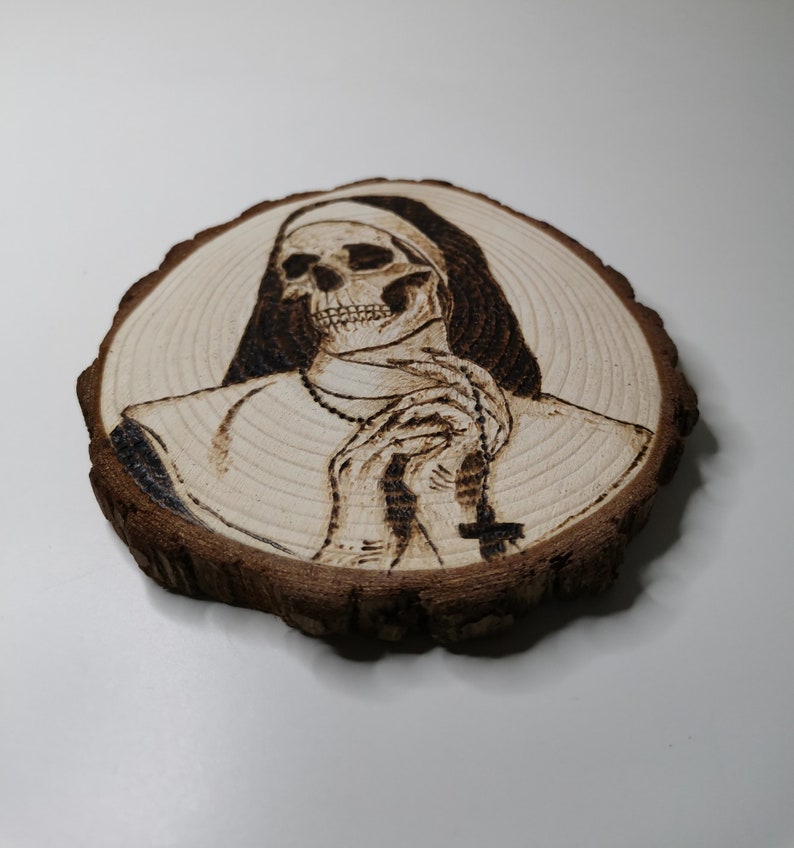 Skeleton Nun Skull Pyrography Coaster Plaque Art Gift Wood Burning ...