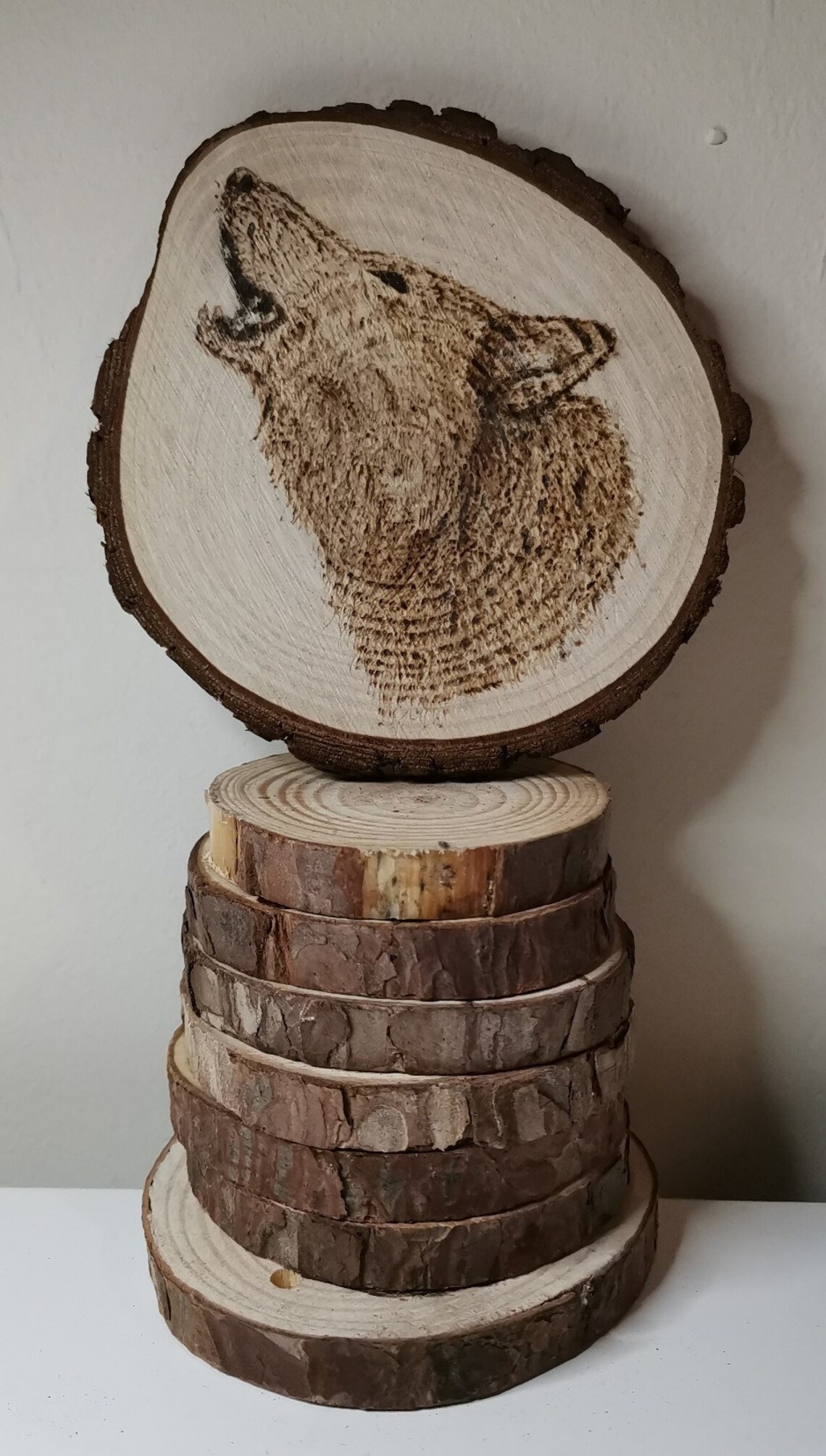 Wolf Pyrography Coaster Plaque Art Gift Wood Burning Handmade Fathers ...