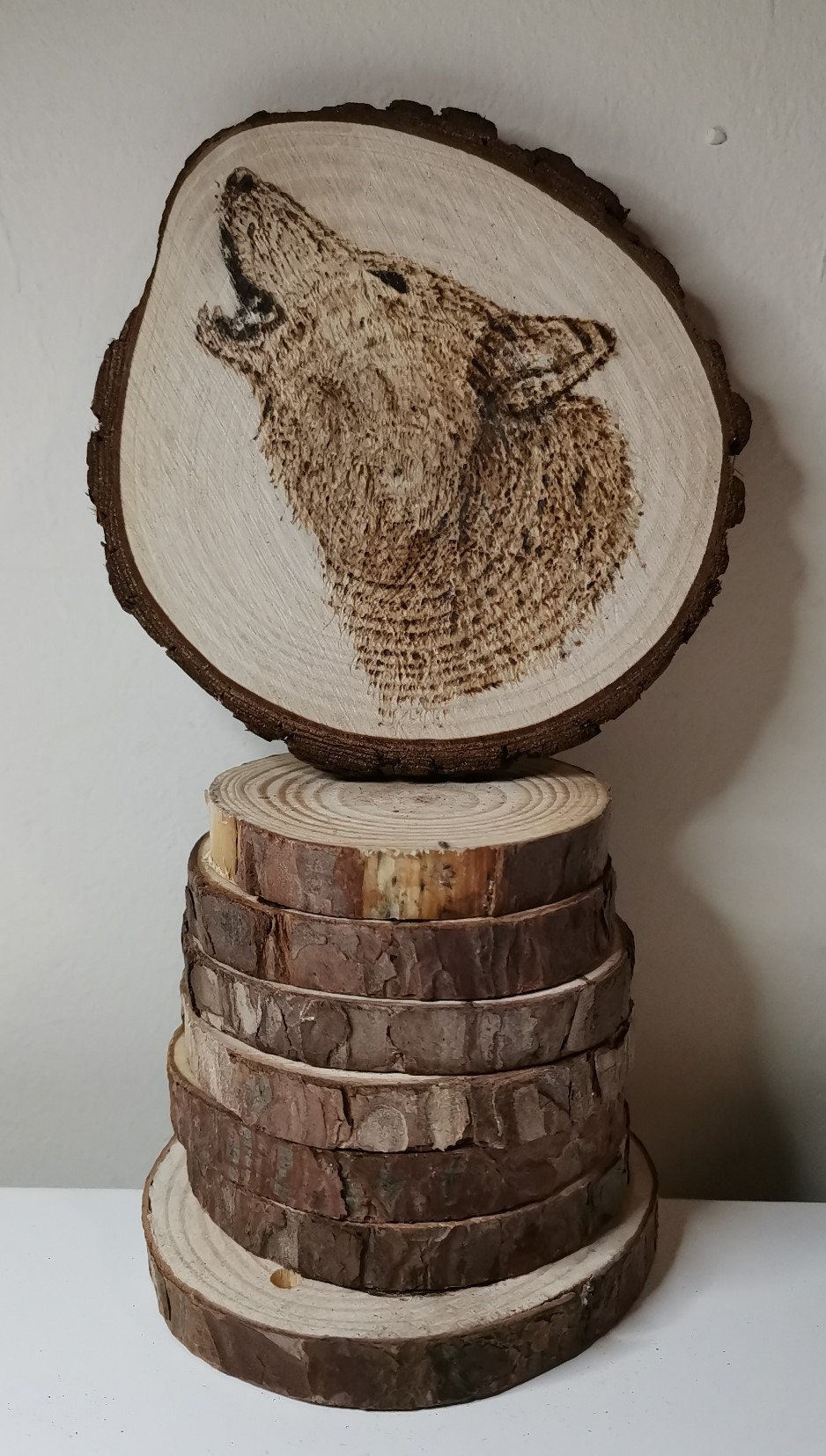 Wolf Pyrography Coaster Plaque Art Gift Wood Burning Handmade Fathers ...