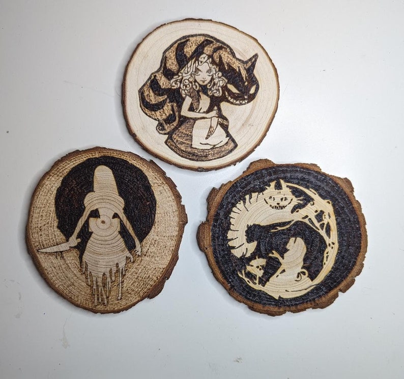 Dark Alice in Wonderland Pyrography Coaster Plaque Art Gift Wood ...
