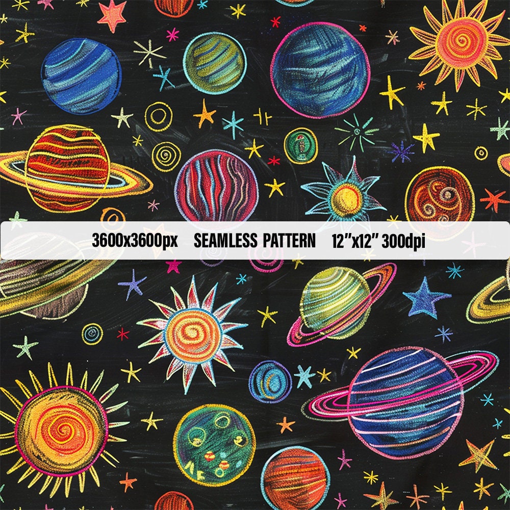 Chalk Doodle Drawing of Planets in Space on School Blackboard. Seamless ...