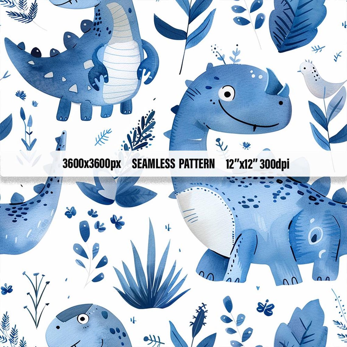 Watercolor Dinosaurs Seamless Pattern. Bold Blue Nursery Tile. Fabric ...