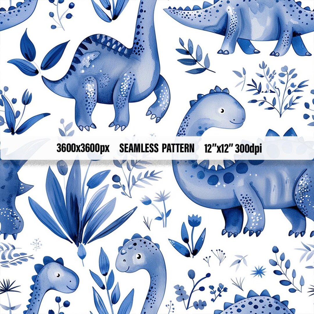 Watercolor Dinosaurs Seamless Pattern. Bold Blue Nursery Tile. Fabric ...
