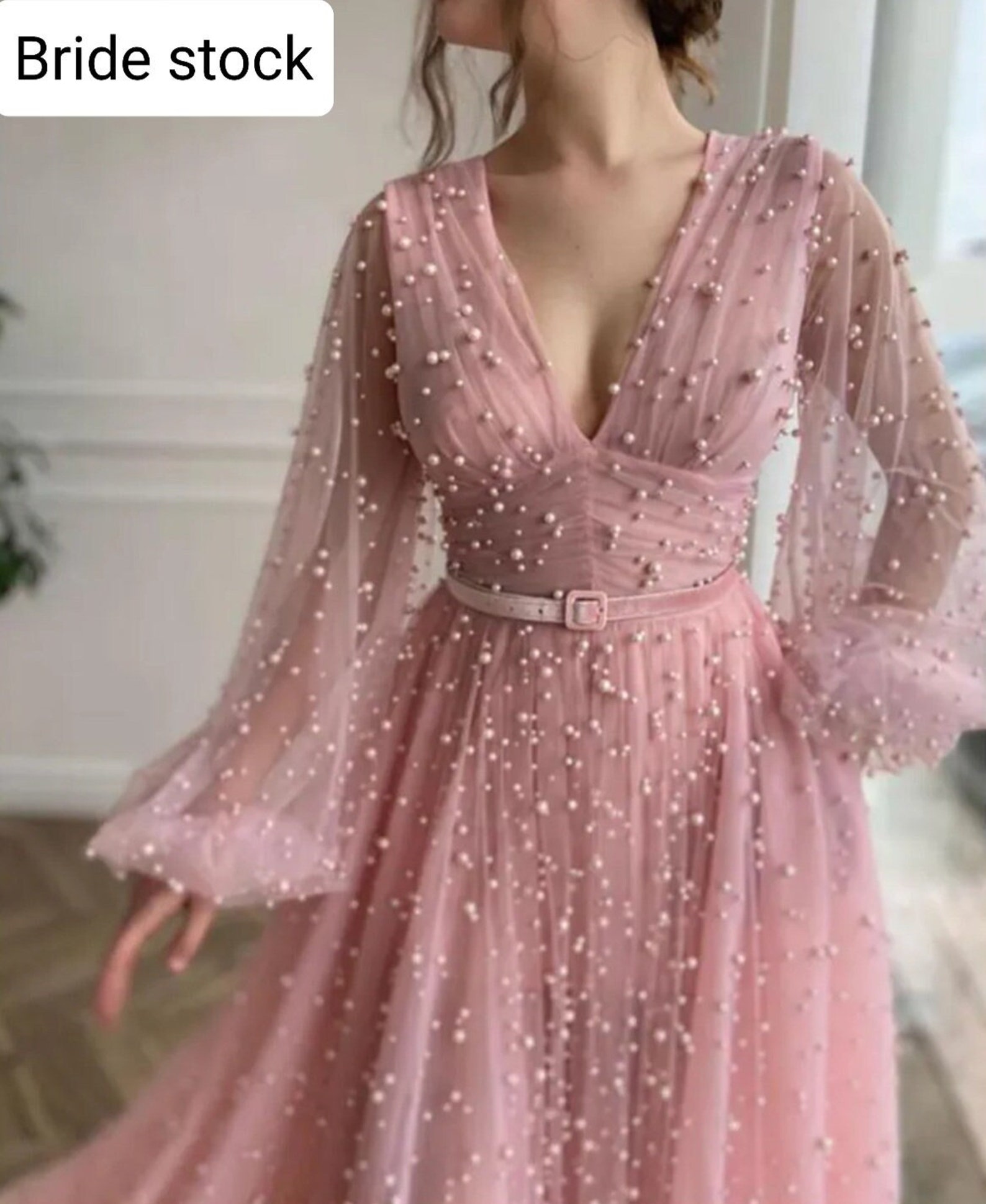 Pink Beaded Pearls Prom Dress, Wedding Dress Guest Special Occasion I.D ...