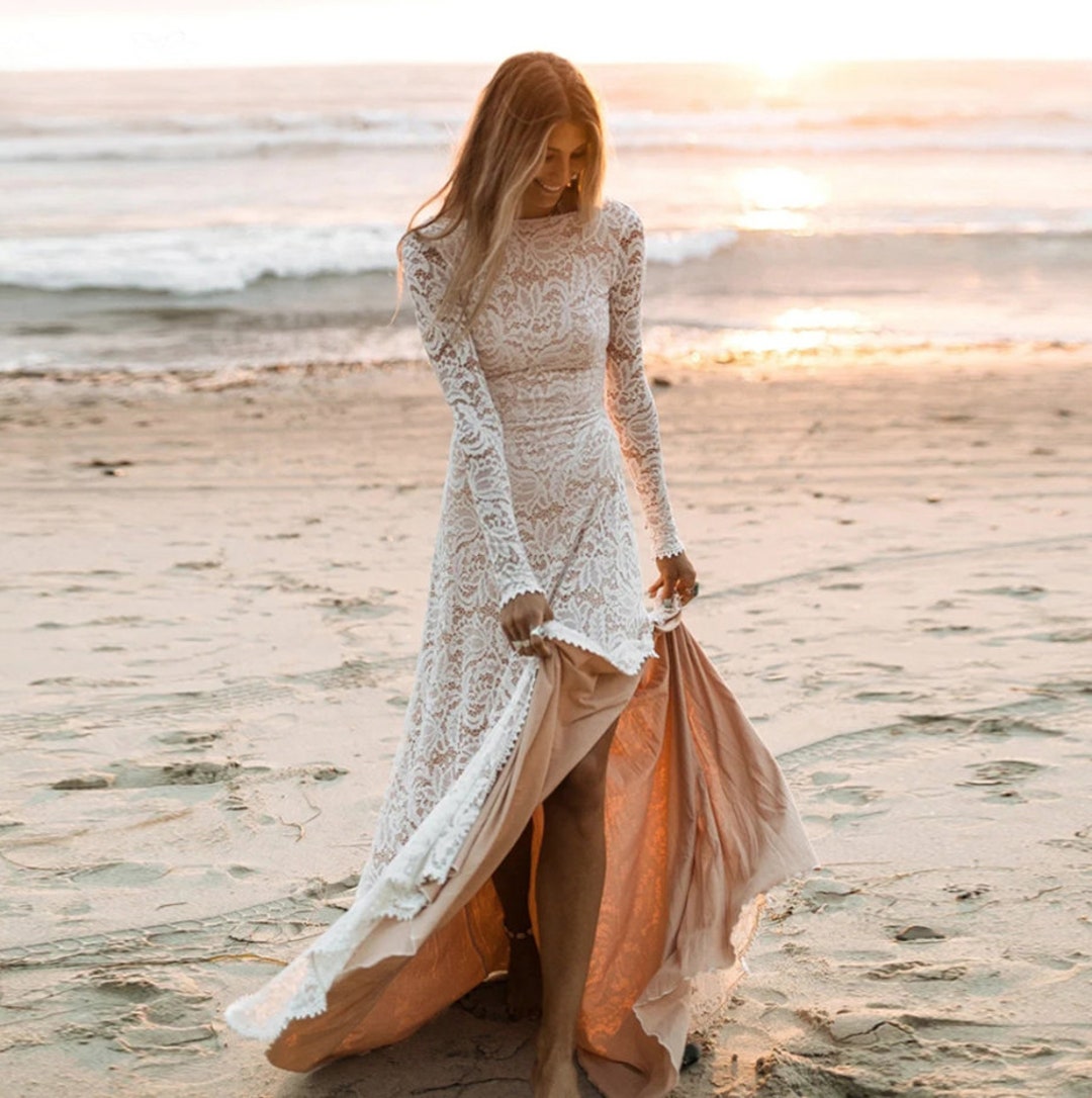 Long Sleeve Side Slit Backless Beach Bride Dresses, Lace Boho Wedding ...
