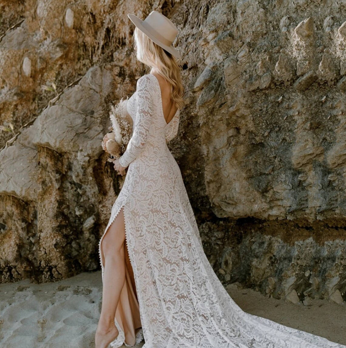 Long Sleeve Side Slit Backless Beach Bride Dresses, Lace Boho Wedding ...