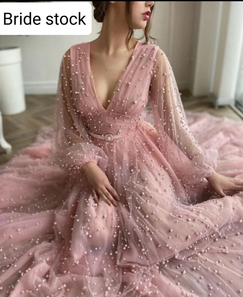 Pink Beaded Pearls Prom Dress, Wedding Dress Guest Special Occasion I.D ...