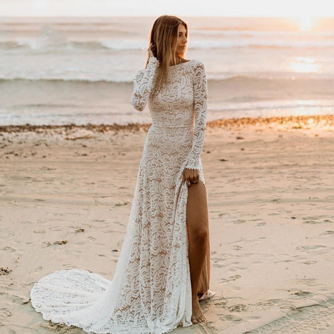 Long Sleeve Side Slit Backless Beach Bride Dresses, Lace Boho Wedding ...