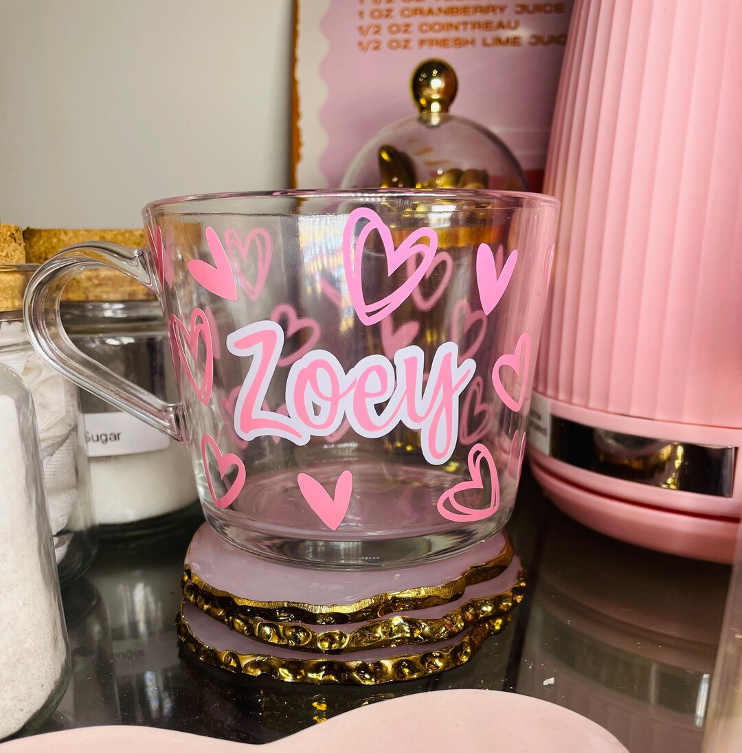 PINK HEARTS LATTE Glass Hot Drink Coffee Tea Hot Chocolate Cup Mug ...