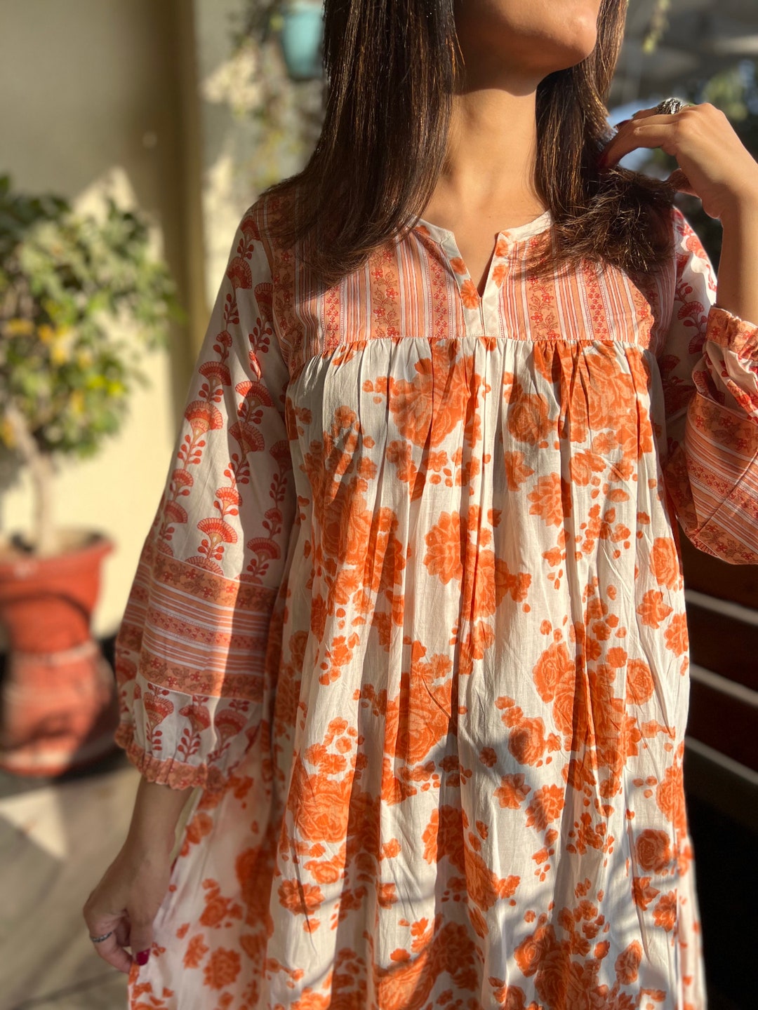 Hand Block Printed Dress White Cotton Midi Tier Dress Summer Block ...