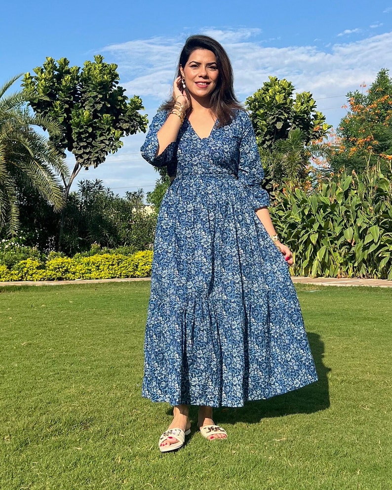 Hand Block Print Cotton Maxi Dress, Indigo Tiered Summer Dress - Etsy