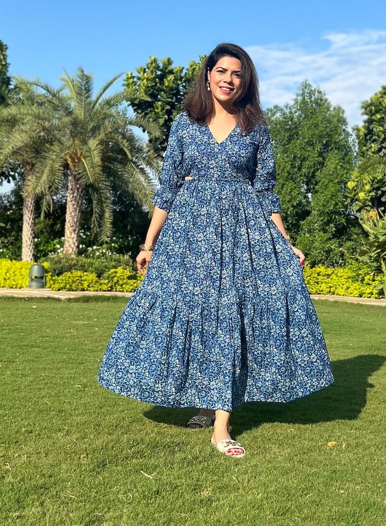 Hand Block Print Cotton Maxi Dress, Indigo Tiered Summer Dress - Etsy