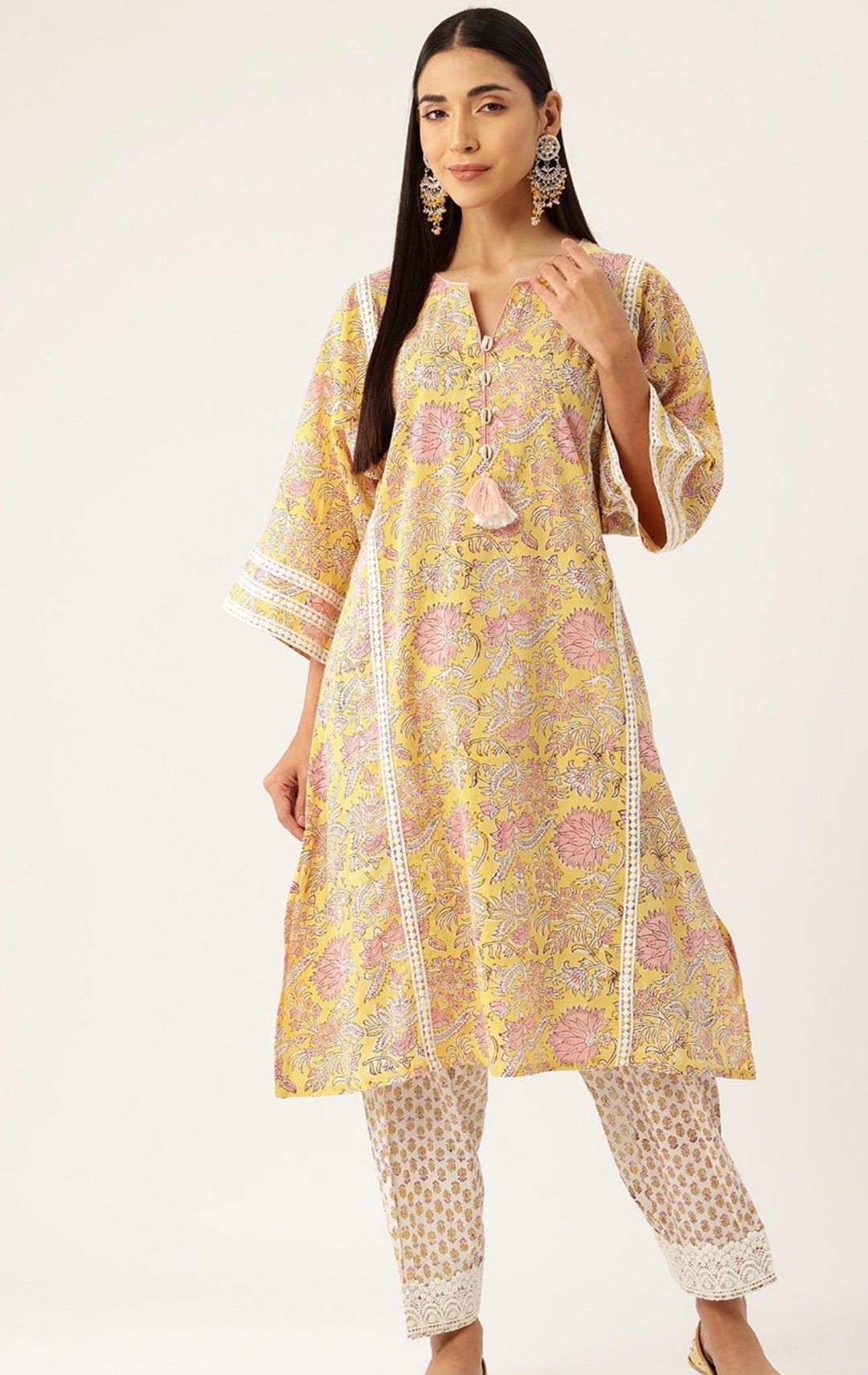 Hand Block Print Kurta With Pants Indian Salwar Kameez Jaipuri Print ...