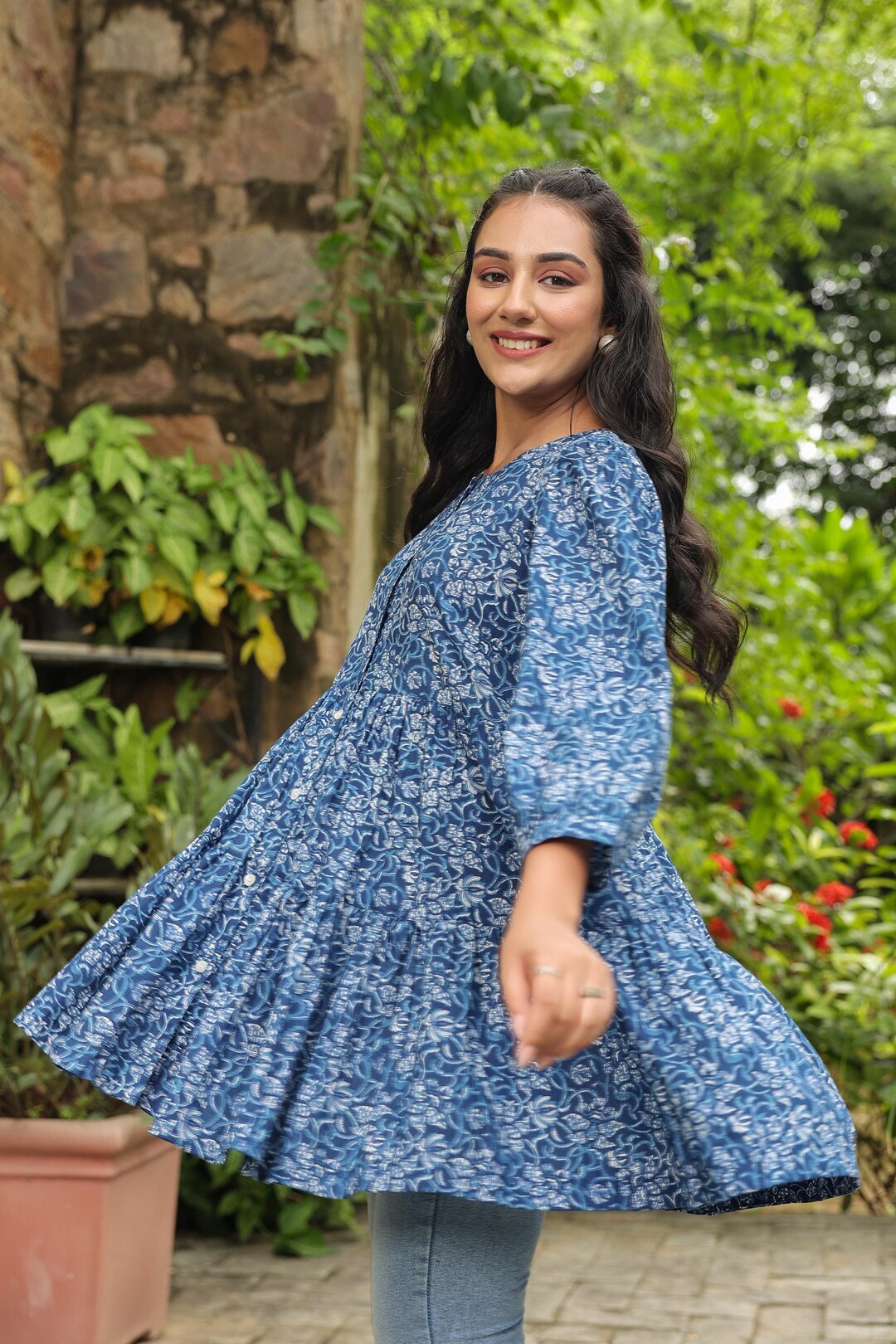 Hand Block Printed Cotton Top Jaipuri Print Women's Blue Kurti Indian ...