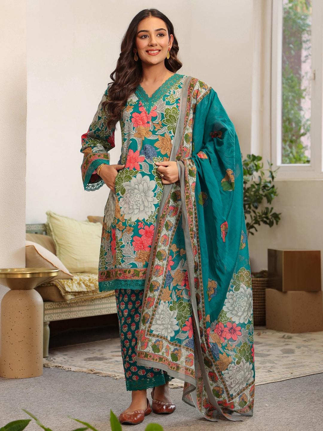 Hand Block Print Cotton Salwar Kameez | Teal Floral Kurta Set Dupatta ...