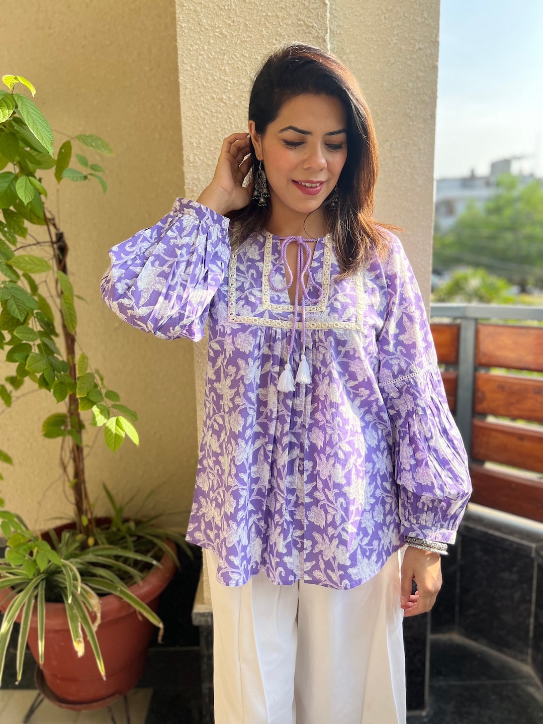 Hand Block Print Boho Long Sleeves Womens Cotton Floral Top Jaipuri ...
