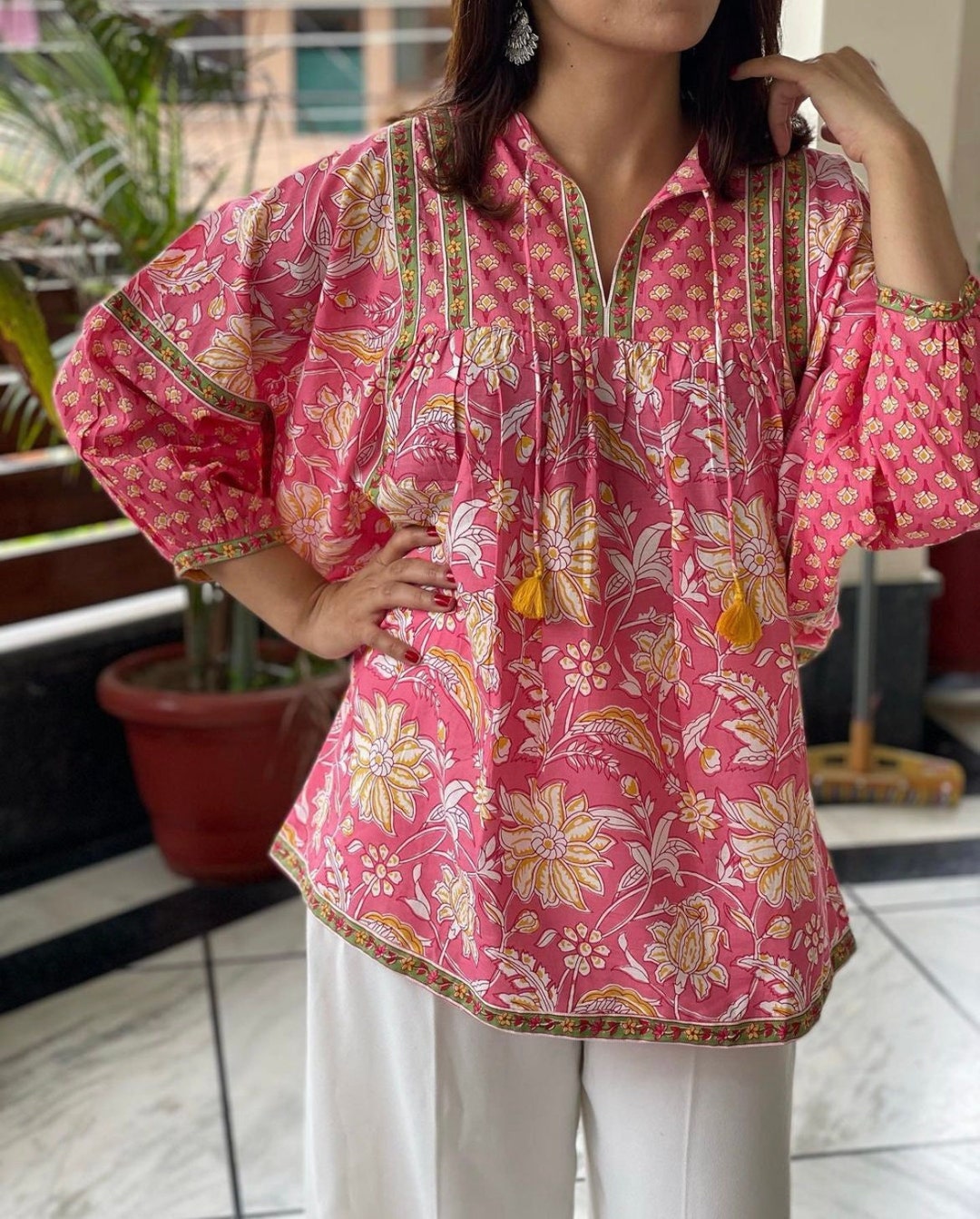 Block Print Pink Boho Sleeves Cotton Floral Top | Handblock Kurti |puff ...