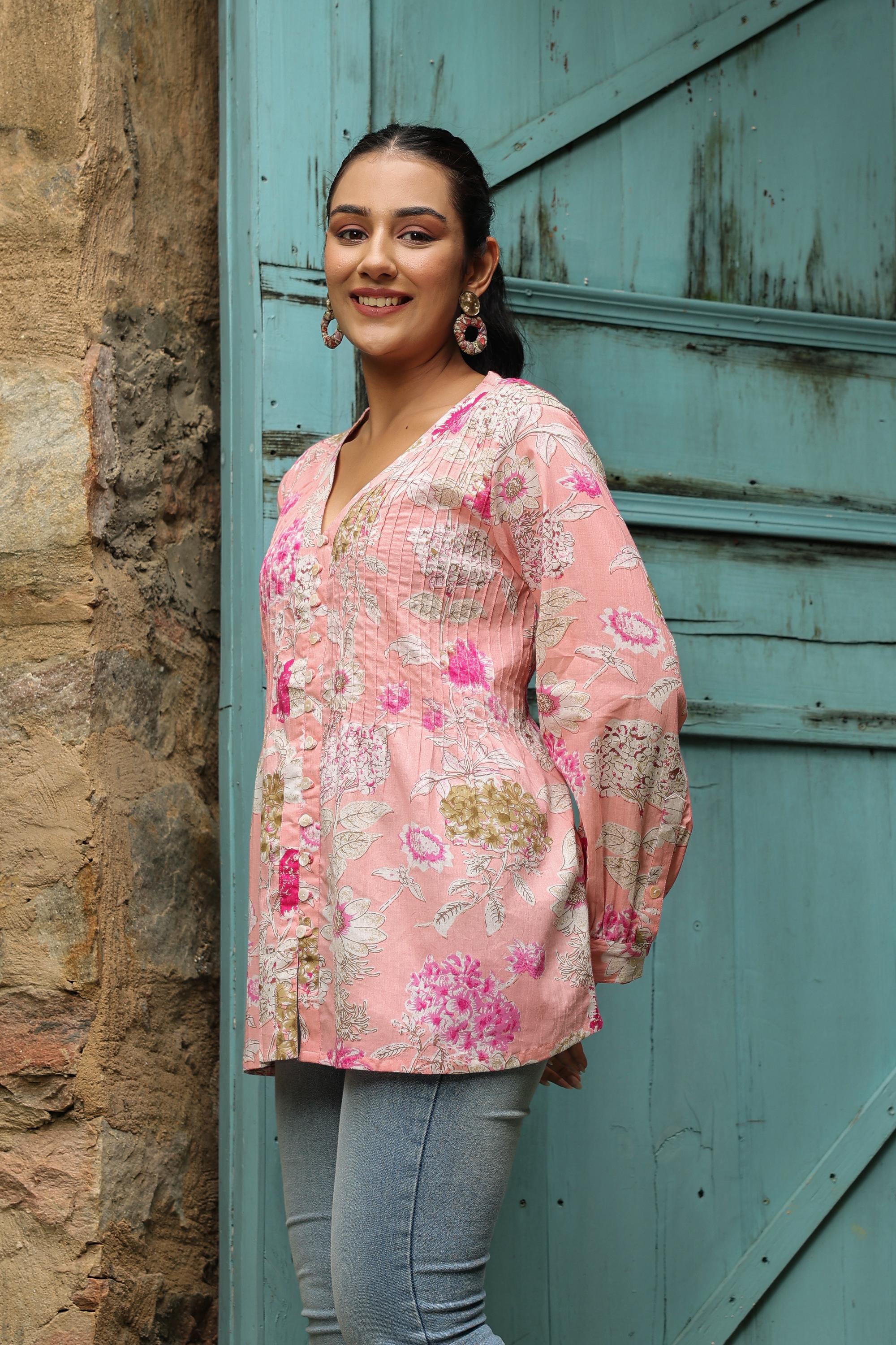Hand Block Printed Cotton Floral Top Pink Jaipuri Print Kurti Summer ...