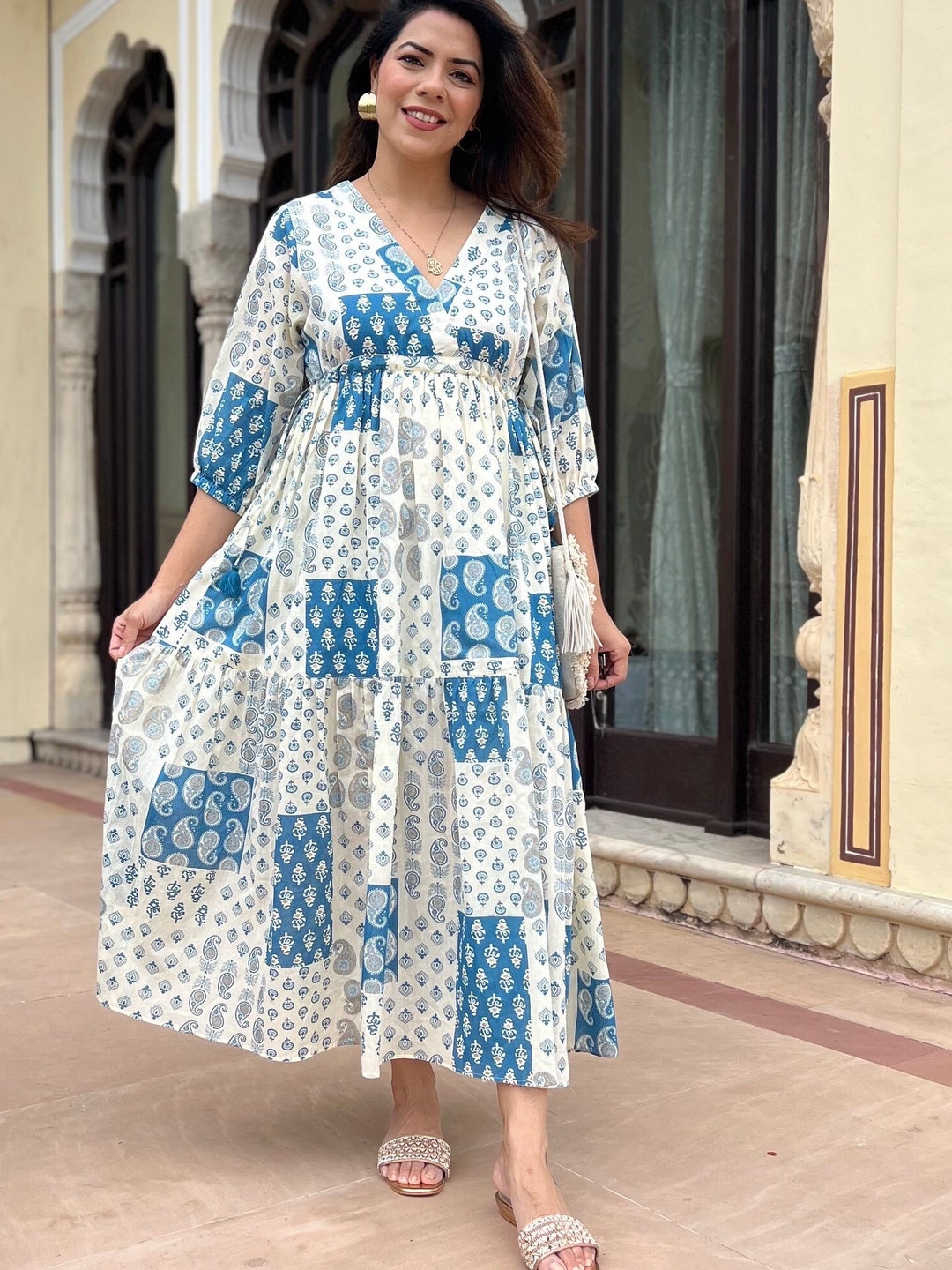 Hand Block Print Cotton Midi Dress, White Blue Boho Style, Indian ...