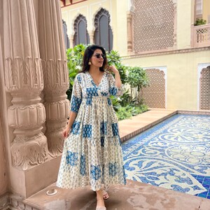 Hand Block Print Cotton Freesize Dress|blue & White Block Print Floral ...