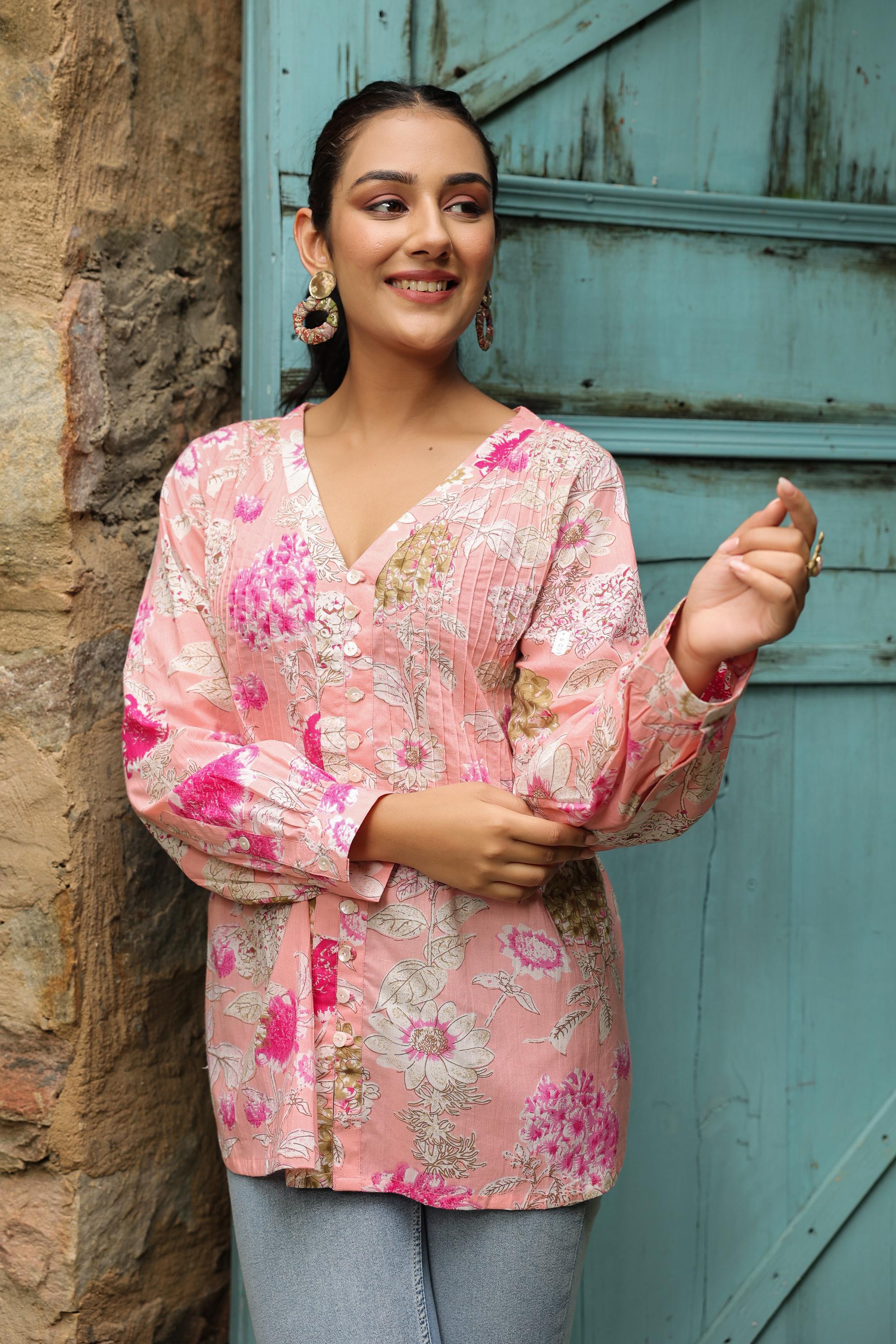Hand Block Printed Cotton Floral Top Pink Jaipuri Print Kurti Summer ...